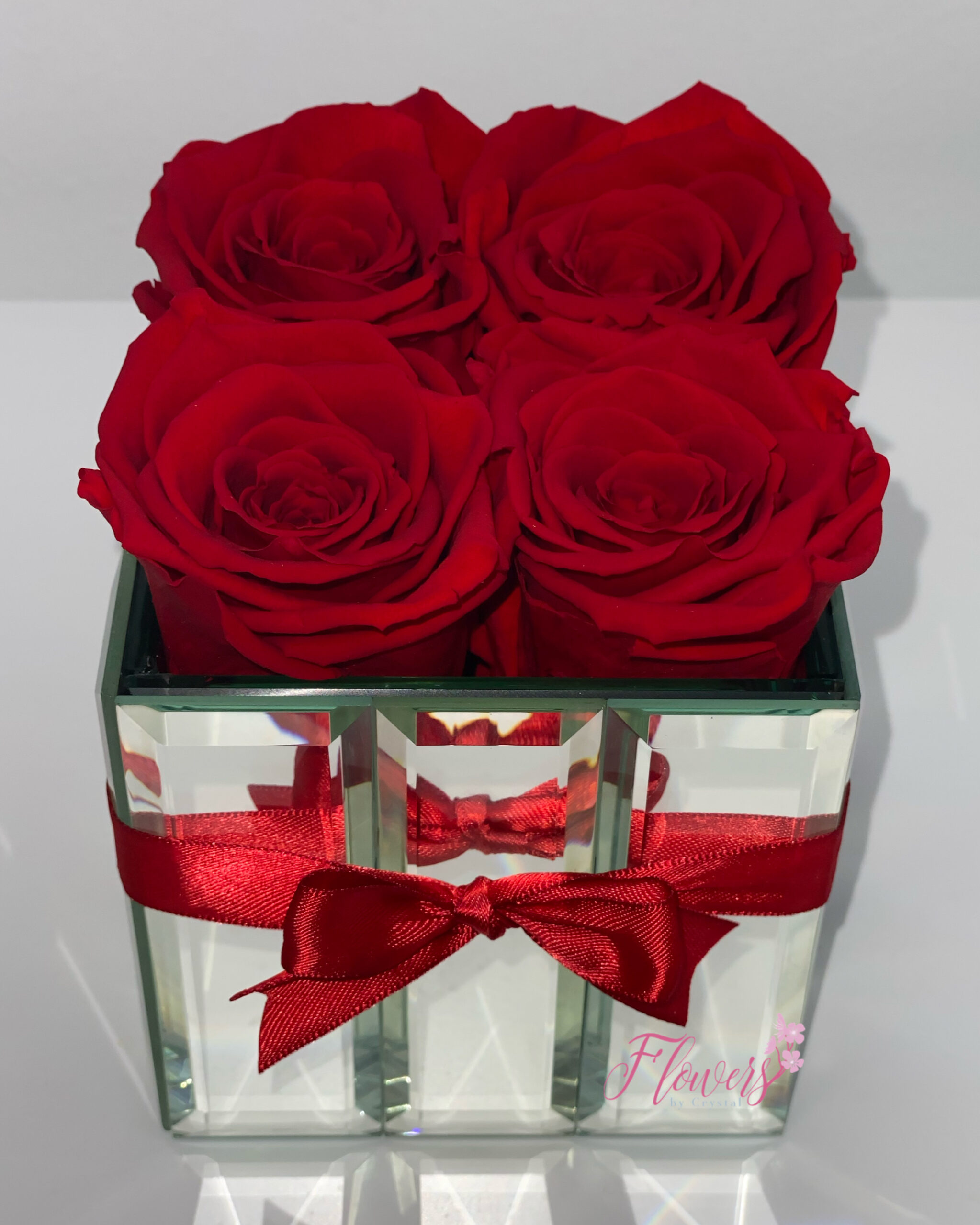 4 Preserved Red Roses In Mirror Vase - Flowers By Crystal