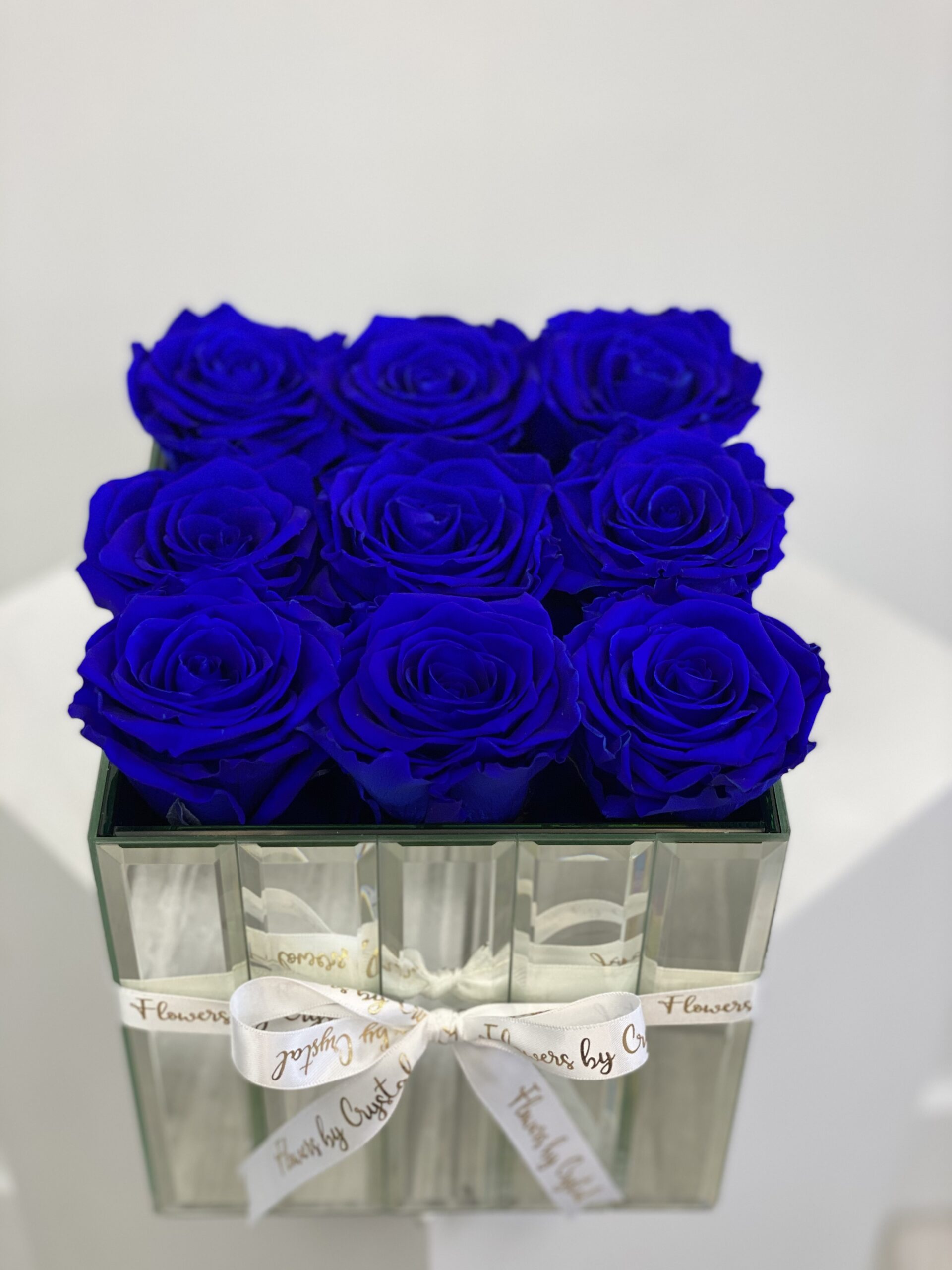 9 Preserved Blue Roses in Mirror Vase - Flowers By Crystal