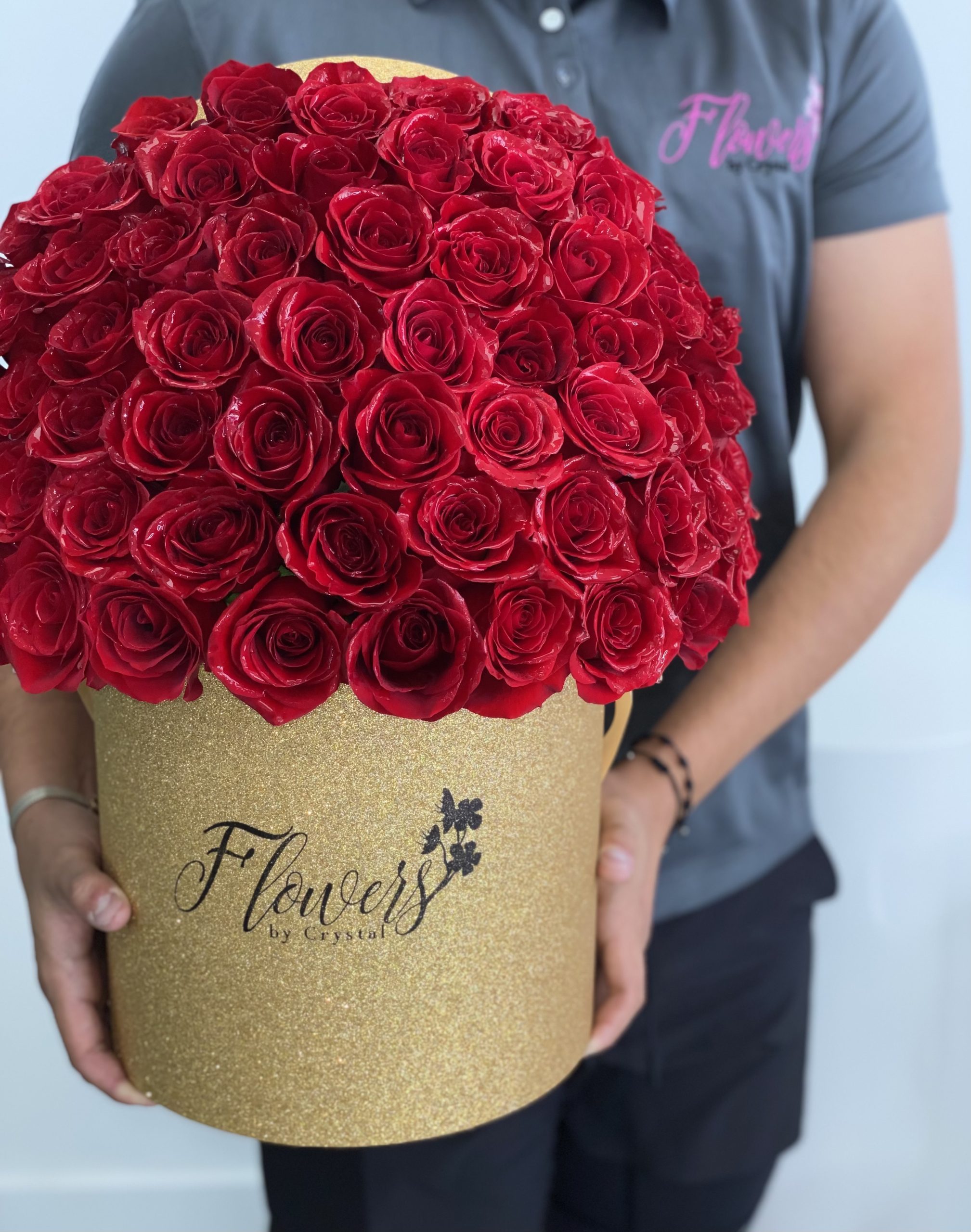 50 Fresh Red Roses Hatbox - Flowers By Crystal