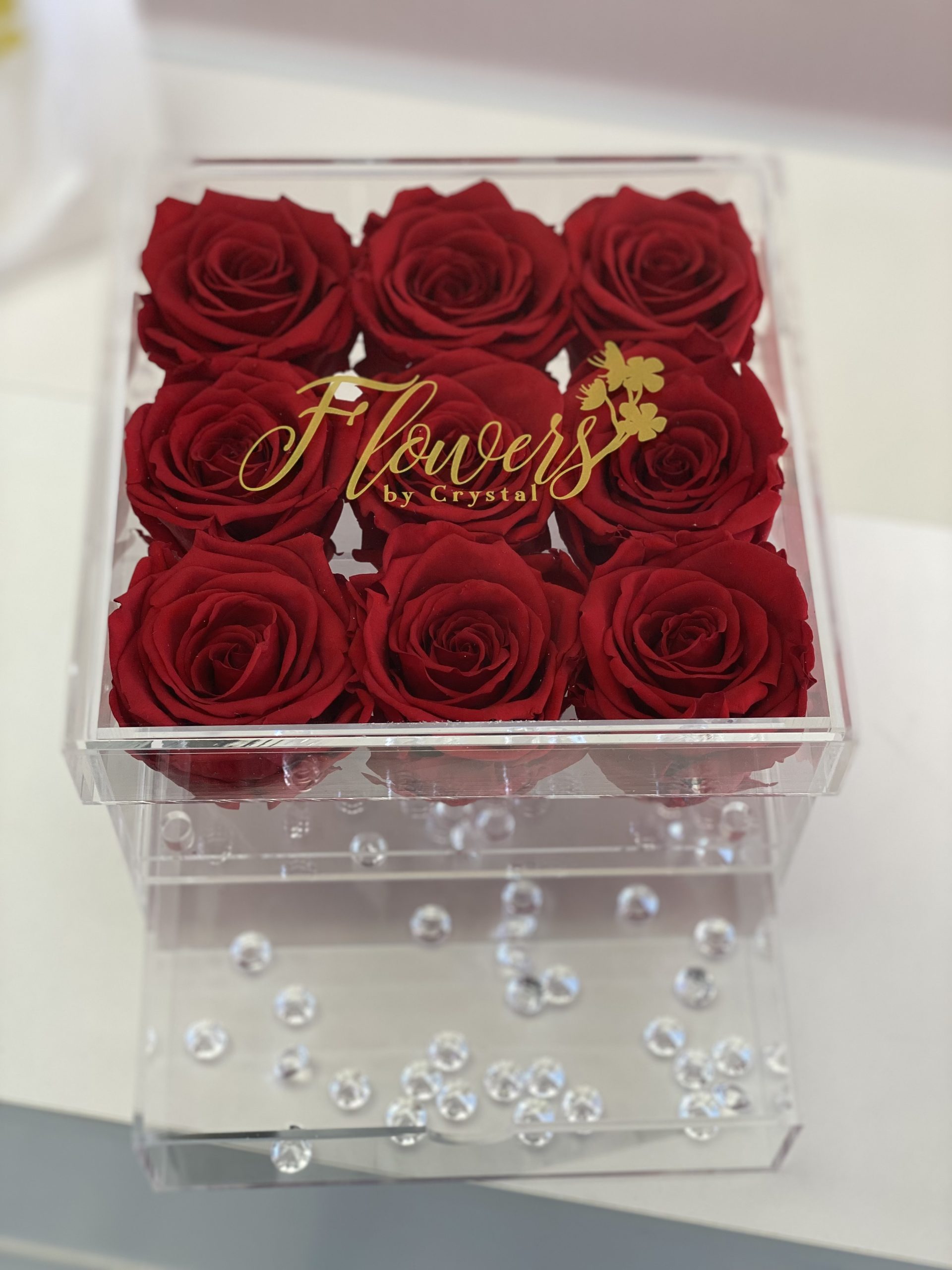 9 Preserved Roses in Acrylic Box with Drawer - Flowers By Crystal
